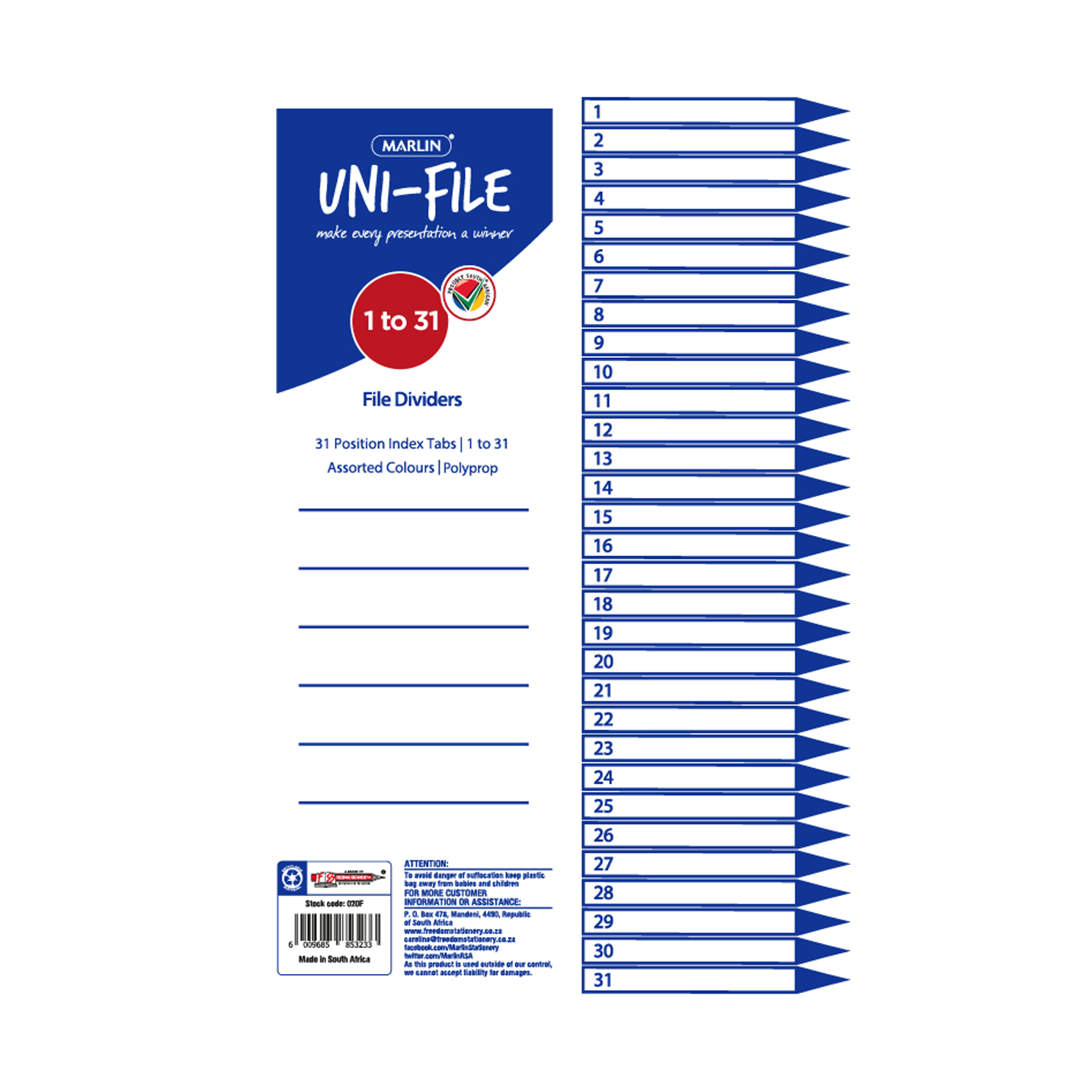Marlin File Dividers A4 Polyprop 1 To 31 - 020F